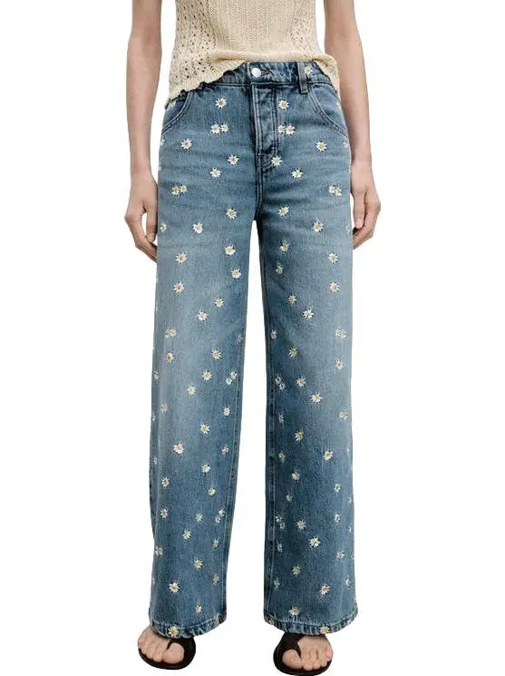 Mango Embroidered Wide Leg Jeans - Medium Blue