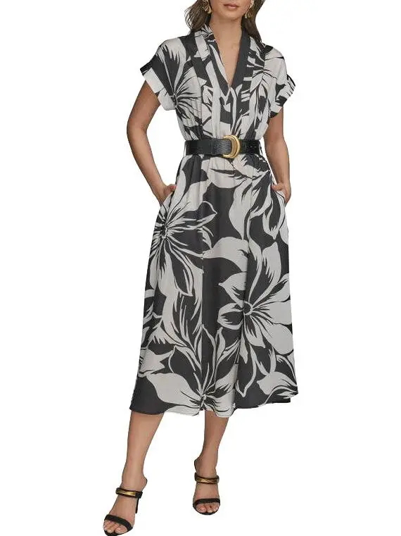 Donna Karan New York Floral Print Belted Midi Dress - Black/ Pristine