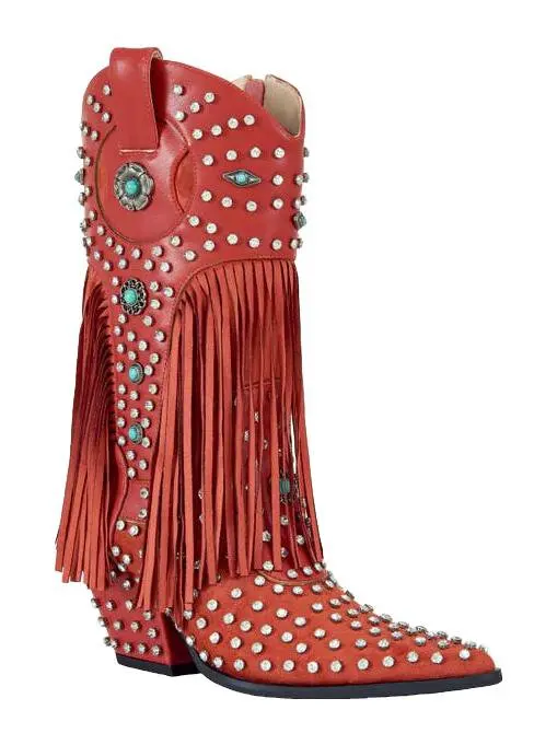 AZALEA WANG Greyson Fringe & Stud Cowboy Boots - Red