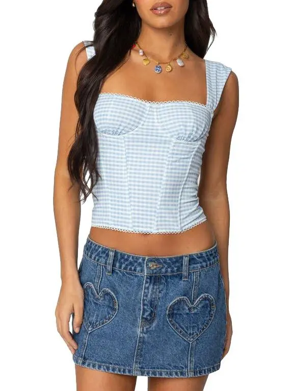 EDIKTED Marcella Gingham Mesh Corset Top - Light-blue
