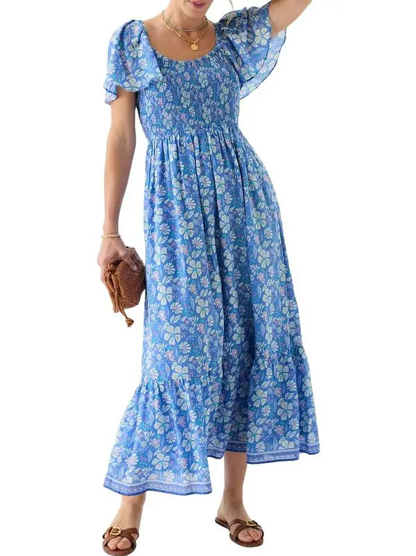Vineyard Vines Floral Smocked Flutter Sleeve Maxi Dress - Hibiscus Breaker