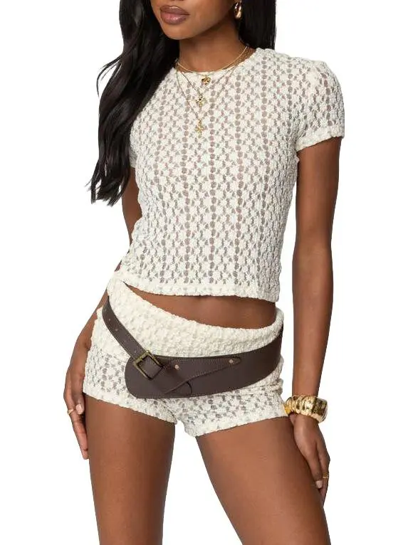 EDIKTED Rye Stretch Lace Sheer T-shirt - Cream