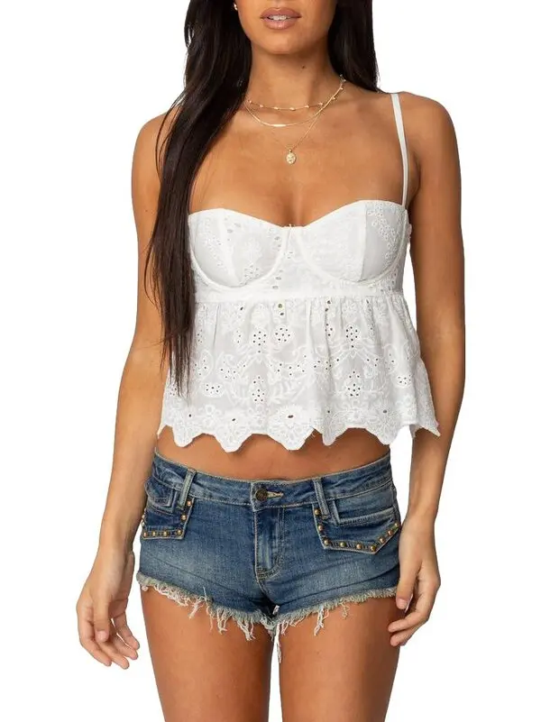 EDIKTED Emme Eyelet Cotton Babydoll Camisole - White
