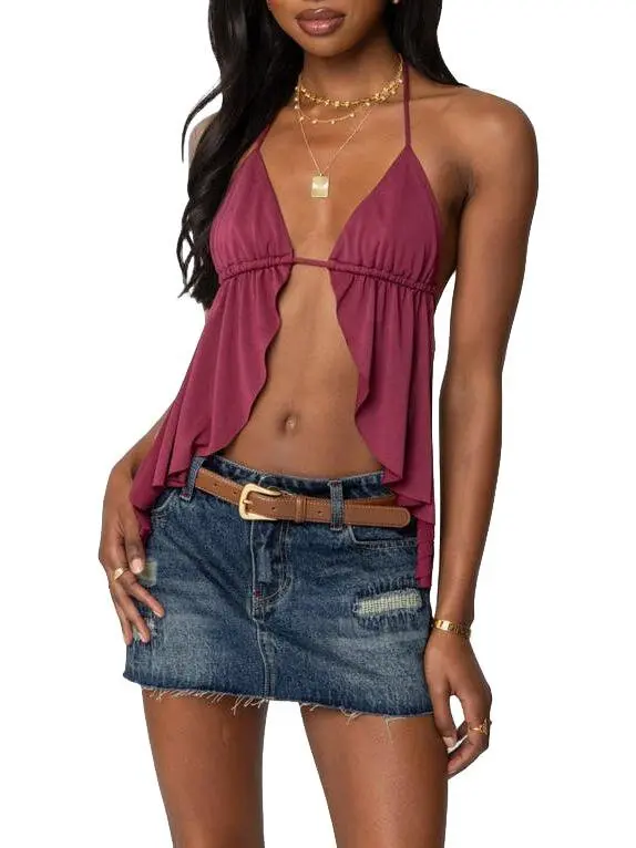 EDIKTED Calla Split Front Halter Top - Burgundy