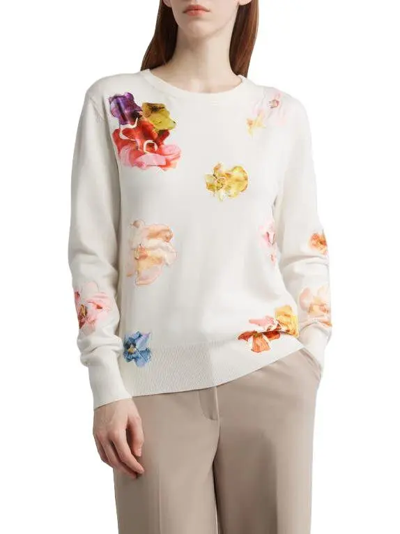 Elie Tahari Jessamy Floral Appliqué Sweater - Sky White Spring Flower