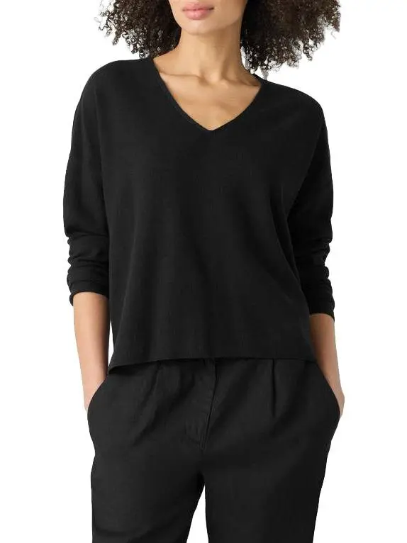 Eileen Fisher Organic Linen & Organic Cotton V-neck Sweater - Black