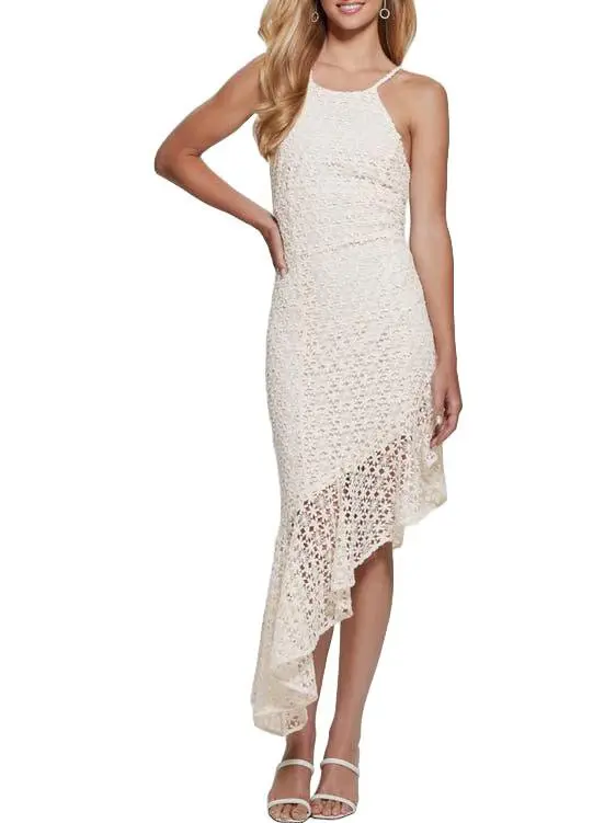 Guess Claudia Floral Stitch Asymmetric Maxi Dress - Dove White