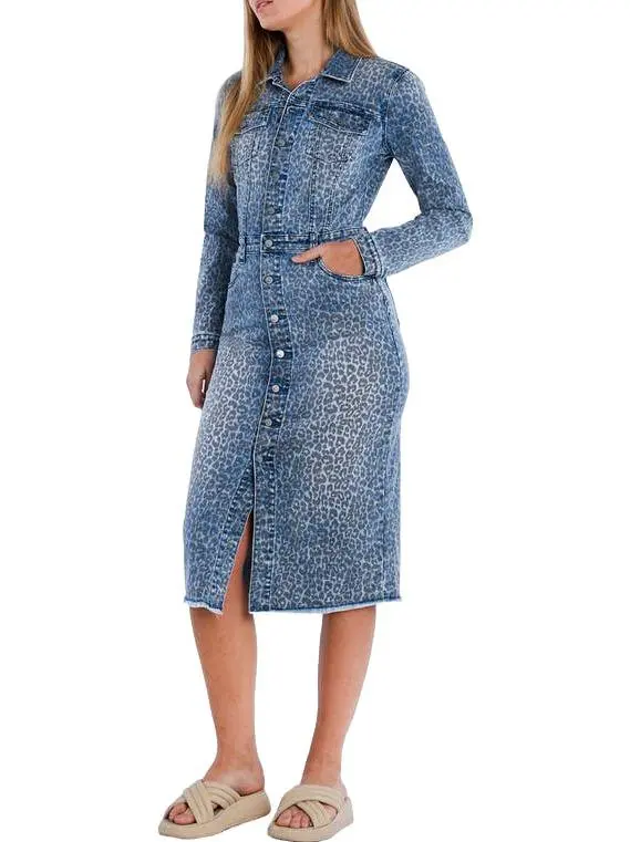 WASH LAB DENIM Animal Print Trucker Shirt Dress - Denim Leopard