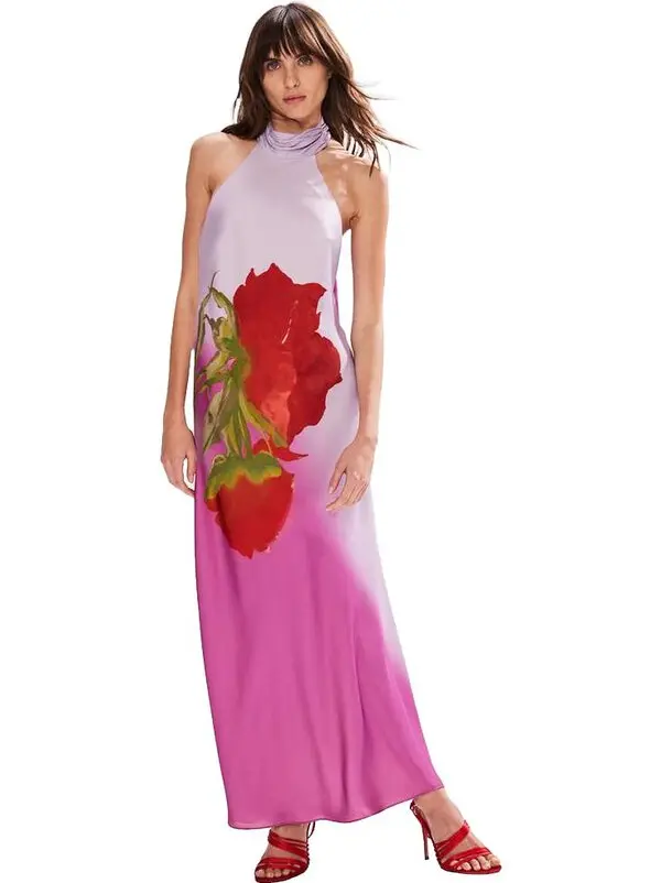 RO&ZO Floral Print Halter Neck Maxi Dress - Pink