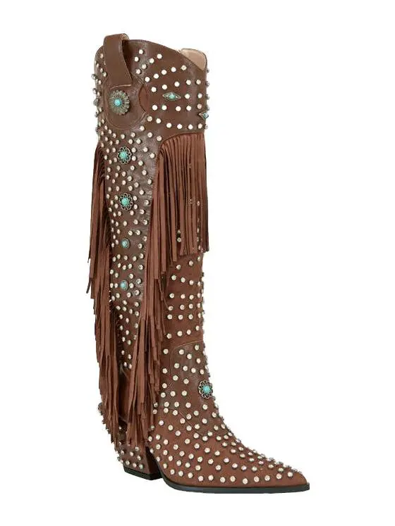 AZALEA WANG Bennett Fringe Cowboy Boot - Brown