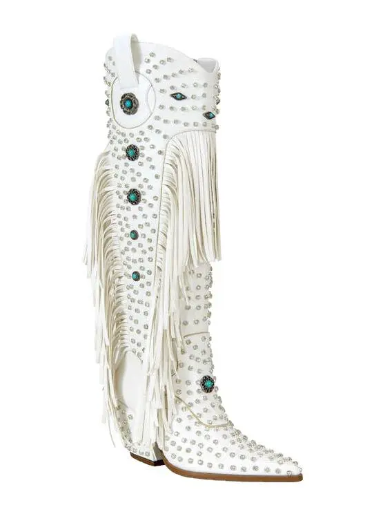 AZALEA WANG Bennett Fringe Cowboy Boot - White