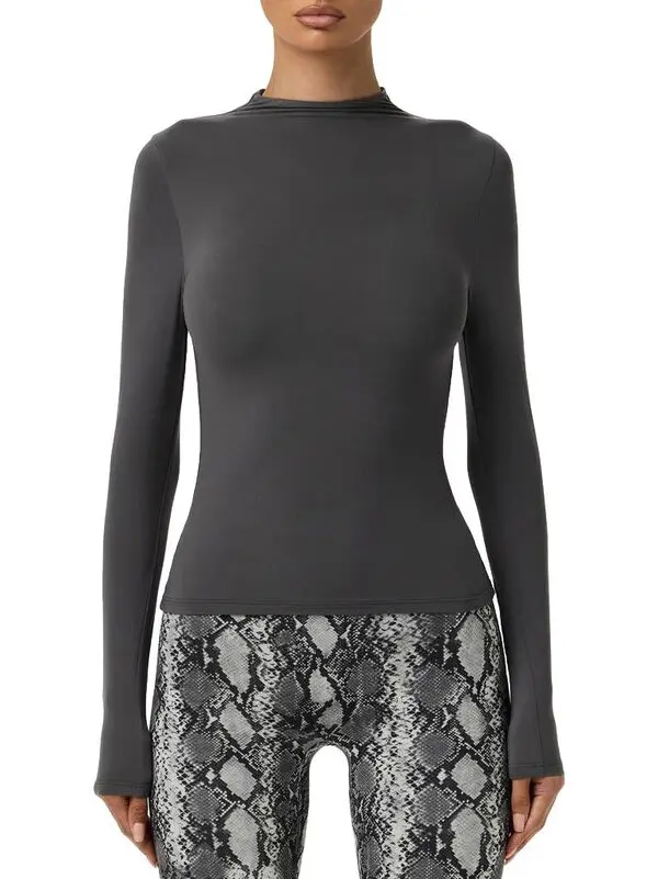 Naked Wardrobe Mock Neck Long Sleeve Top - Charcoal