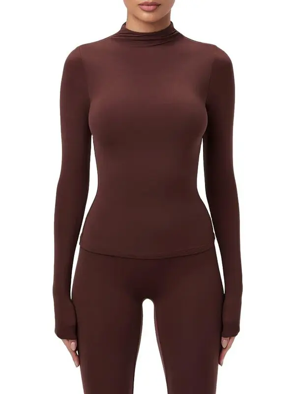 Naked Wardrobe Mock Neck Long Sleeve Top - Chocolate