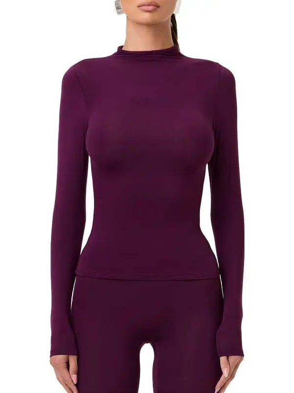 Naked Wardrobe Mock Neck Long Sleeve Top - Dark Berry