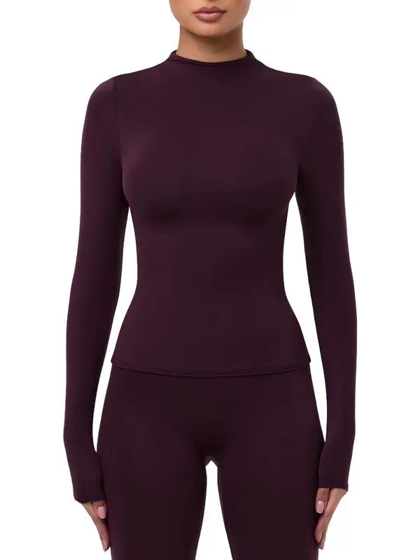 Naked Wardrobe Mock Neck Long Sleeve Top - Dark Plum