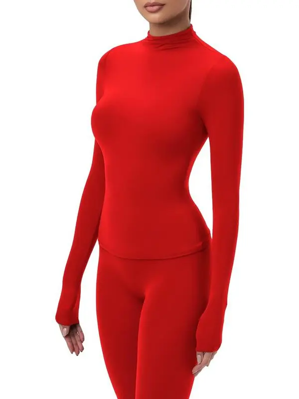 Naked Wardrobe Mock Neck Long Sleeve Top - Red