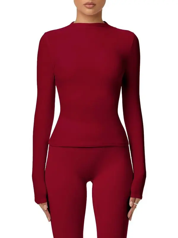 Naked Wardrobe Mock Neck Long Sleeve Top - Ruby Red