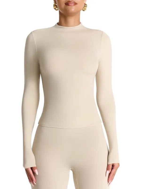 Naked Wardrobe Mock Neck Long Sleeve Top - Taupe