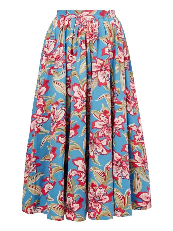 Polo Ralph Lauren Floral Gathered Cotton Midi Skirt - Blue