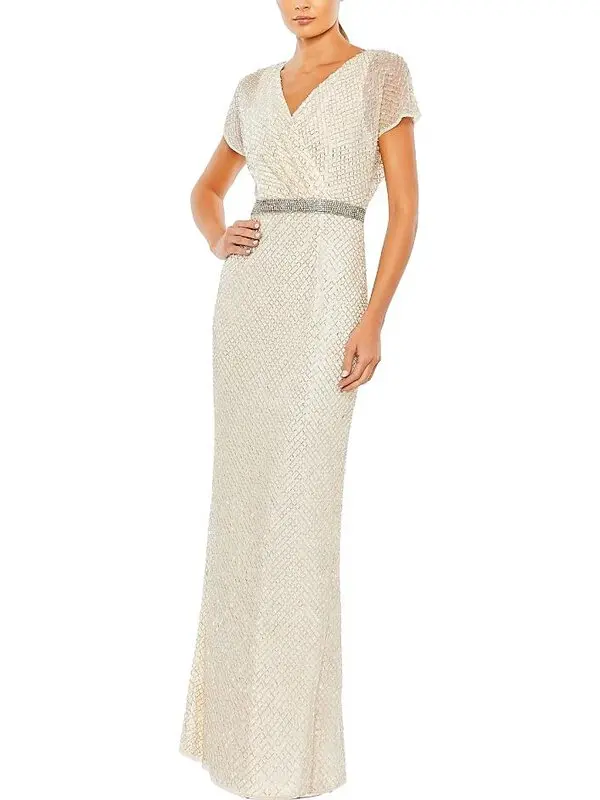 Mac Duggal Beaded Butterfly Sleeve Column Gown - Nude Silver