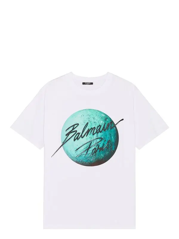 Balmain Paris & Planet T-shirt In White - White  Turquoise  Blue  & Black