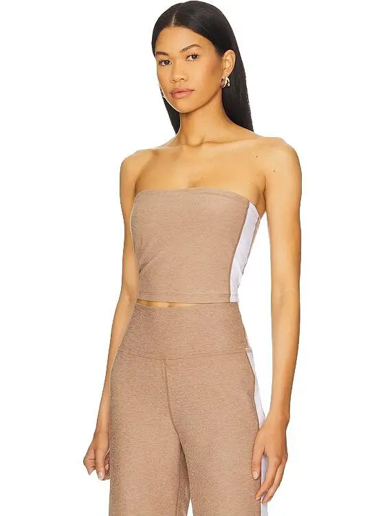 Beyond Yoga Spacedye Strapless Stripe Top - Desert Sand Heather & Cloud White