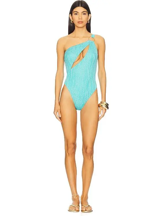Luli Fama Asymmetrical Cut Out Ring Bodysuit - Aqua
