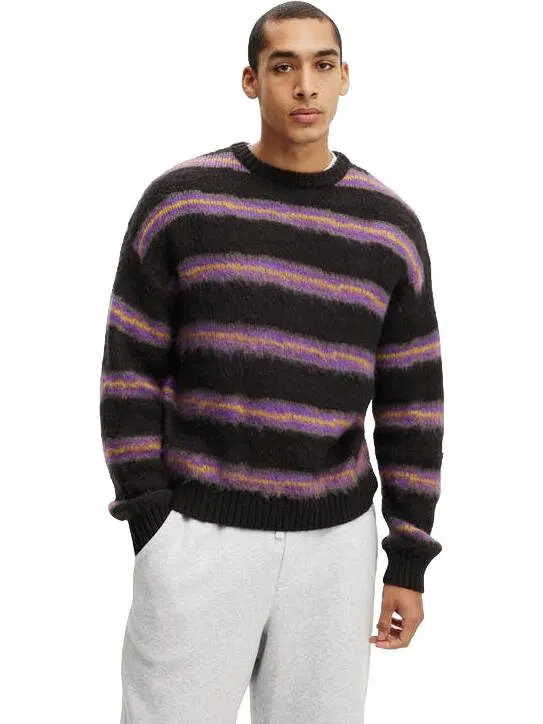 COTTON ON Box Fit Fuzzy Crew Knit - Black Stripe