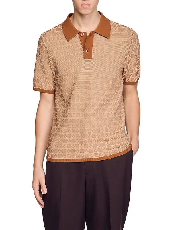 Sandro Square Cross Jacquard Polo Shirt - Camel