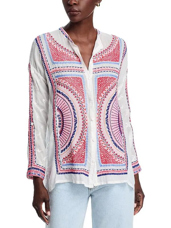 Johnny Was Audrey Mandarin Collar Shirt - White