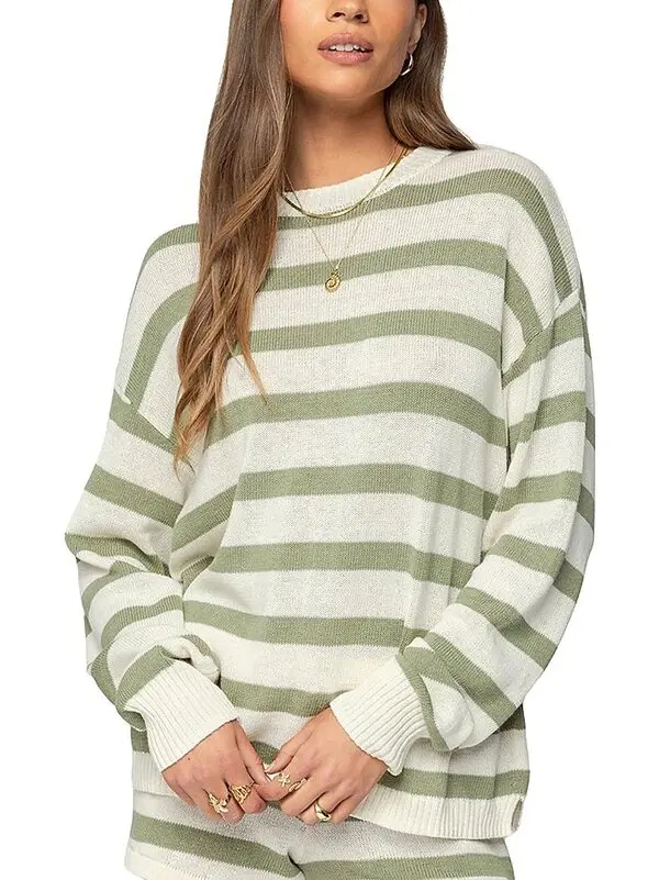 EDIKTED Amaris Oversized Striped Knit Sweater - Olive