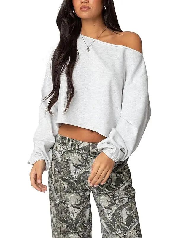 EDIKTED Aveline Off Shoulder Light Sweatshirt - Gray Melange