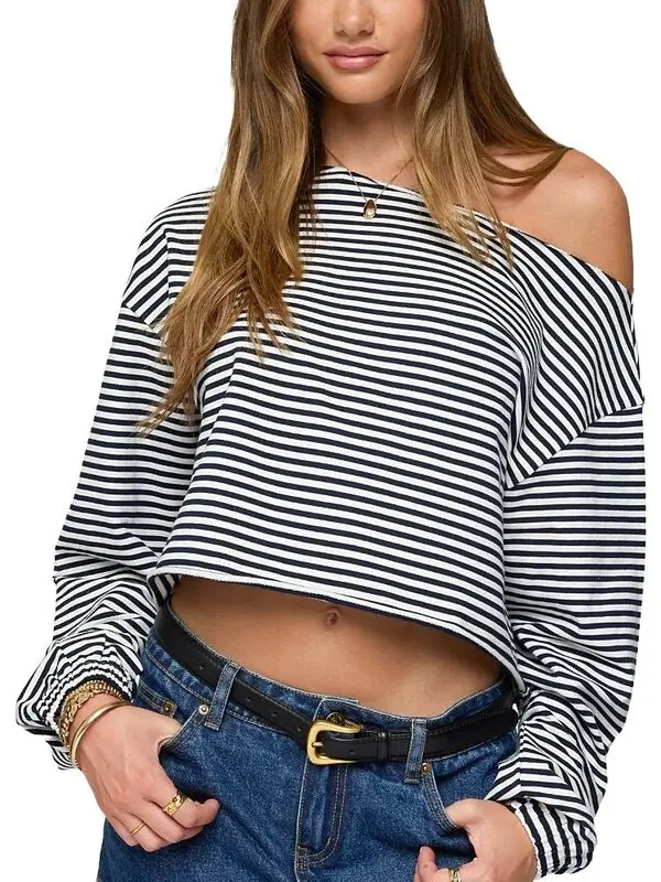 EDIKTED Aveline Off Shoulder Light Sweatshirt - Navy And White