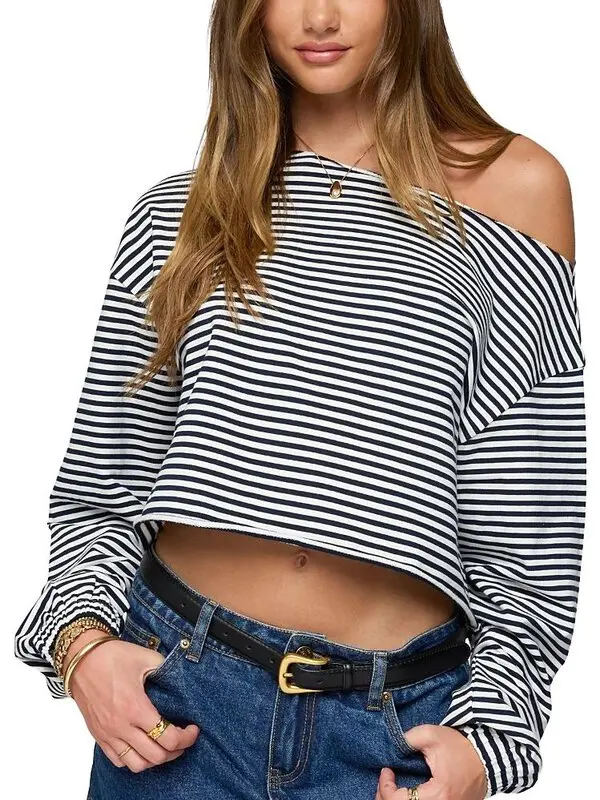 EDIKTED Aveline Off Shoulder Light Sweatshirt - Navy And White