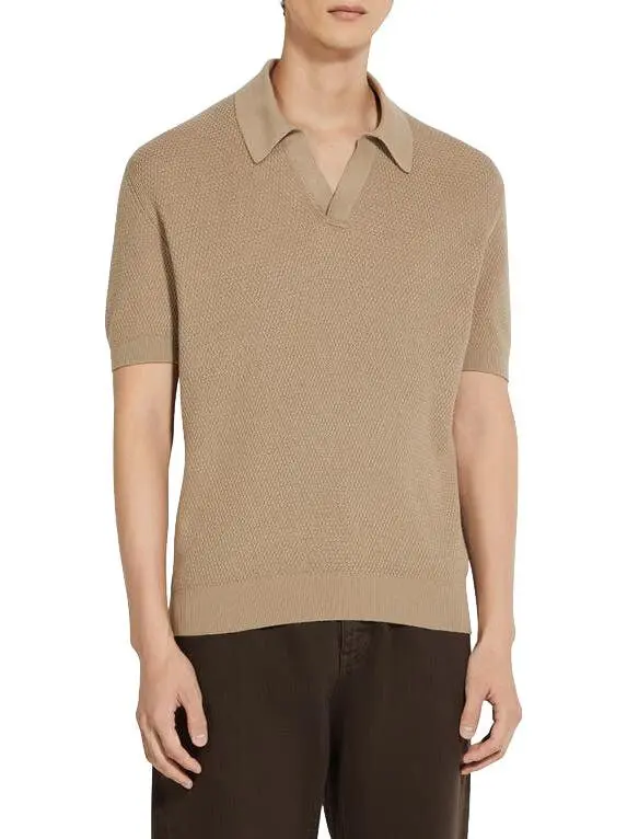 Zegna Waffle Stitch Premium Cotton Polo Sweater - Light Beige Solid