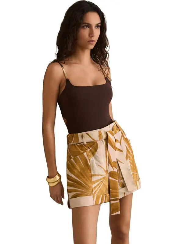 REISS Avril Palm Print Belted Shorts - Neutral