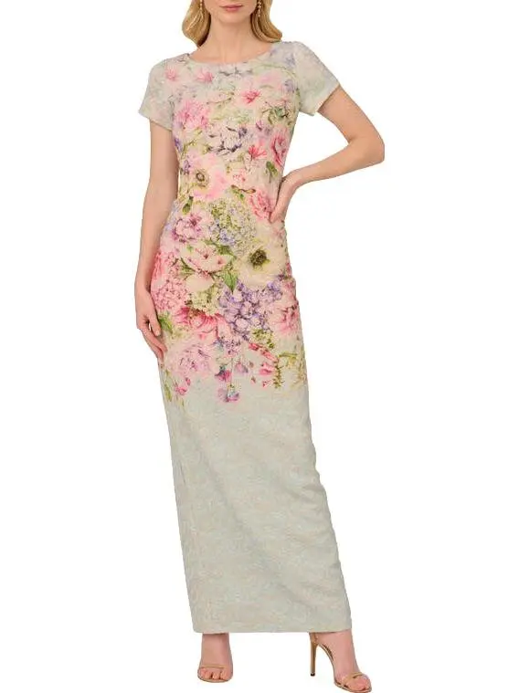 Adrianna Papell Floral Jacquard Metallic Matelasse Column Gown - Blue Multi