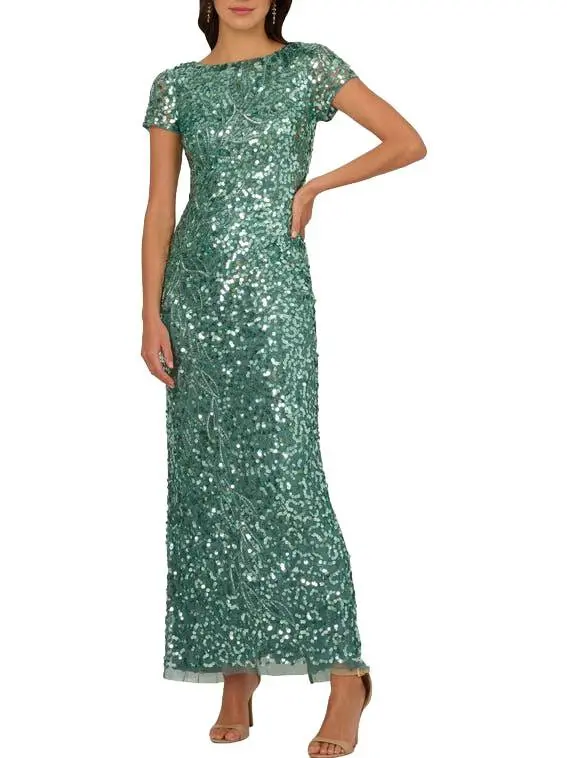 Adrianna Papell Sequin Mesh Column Gown - Green Slate