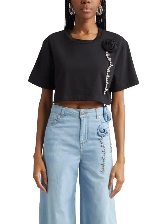 AREA Crystal Rosette Crop T-shirt - Black