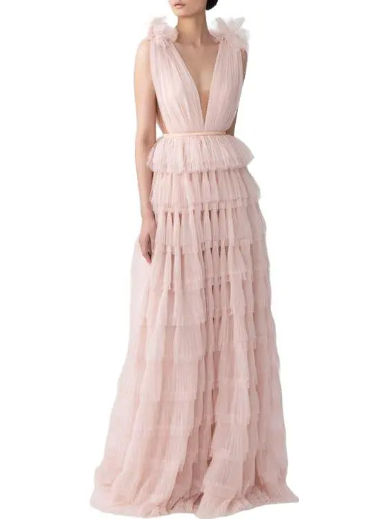SAU LEE Sabrina Plunge Neck Tiered Tulle Gown - Nude Pink
