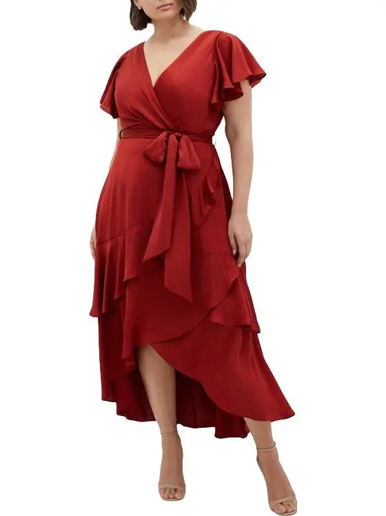 City Chic Jen Ruffle Faux Wrap Satin Dress - Toffee