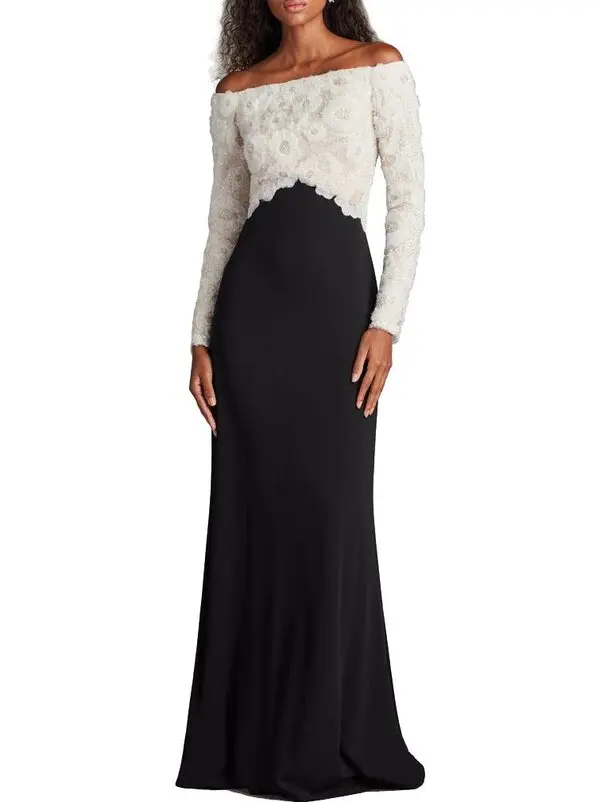 Tadashi Shoji Rhinestone Floral Off The Shoulder Gown - Ivory/ Black