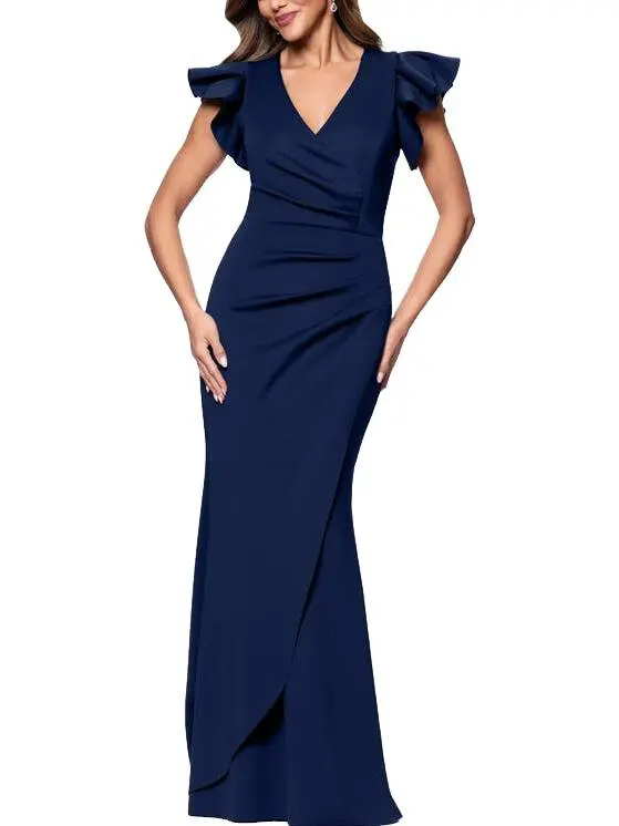 XSCAPE EVENINGS Ruffle Ruched Scuba Knit Gown - Midnight