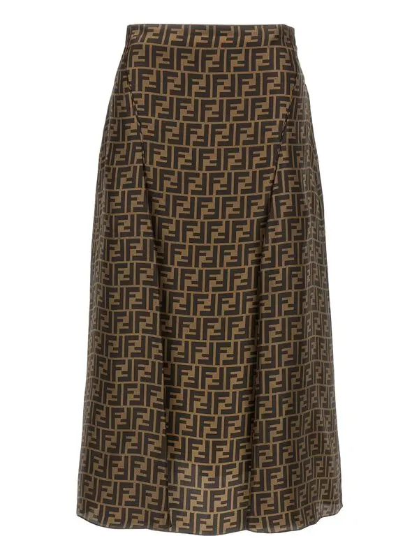 Fendi Ff Printed Silk Twill Skirt - Brown