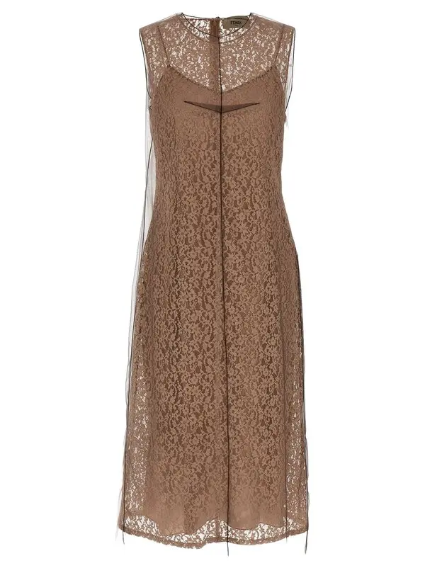 Fendi Floral Lace Midi Dress - Beige