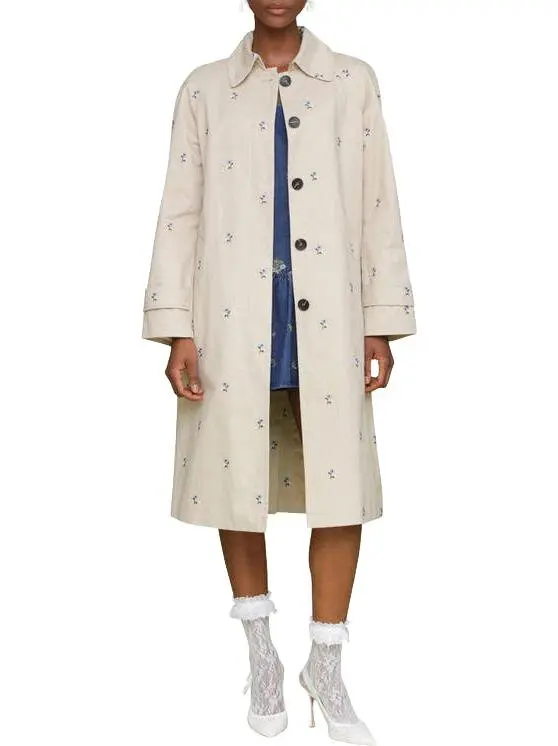 Avec Les Filles Floral Embroidered Trench Coat - Light Khaki/ Blue Flower