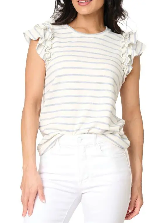 GIBSONLOOK Butterfly Stripe Ruffle Cap Sleeve Top - Chambray Blue Stripe