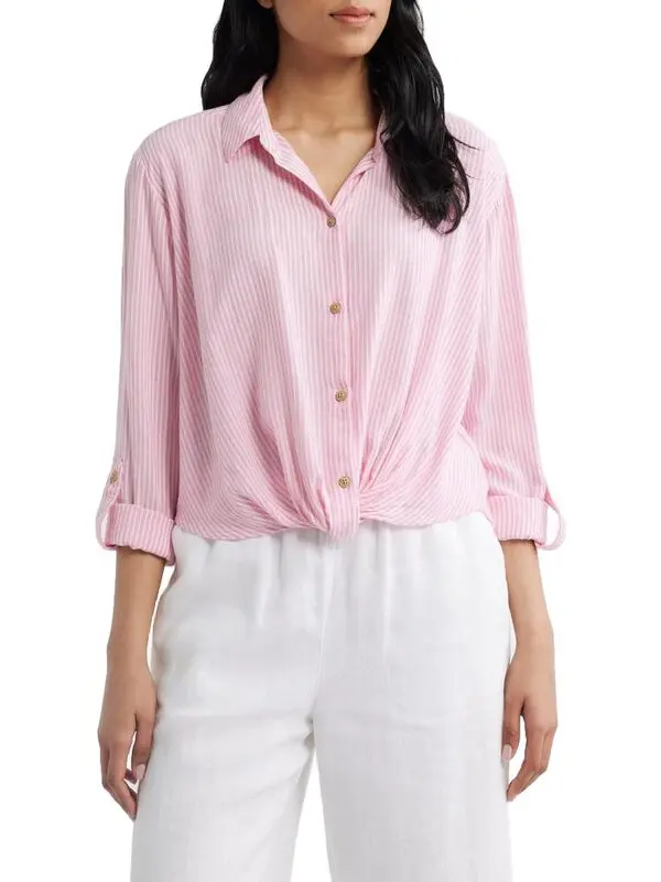 BEACHLUNCHLOUNGE Vivica Stripe Twist Hem Button-up Shirt - Blushing Peony