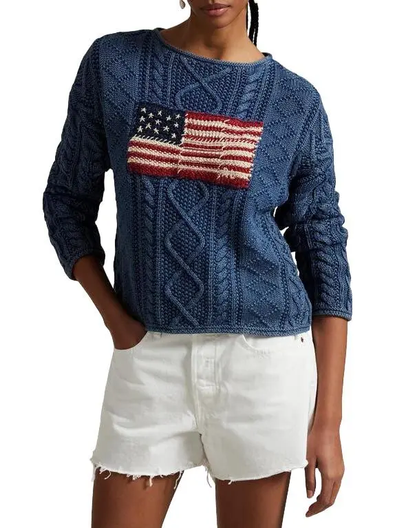 Ralph Lauren Flag Cable Knit Cotton Sweater - Indigo/ Multi