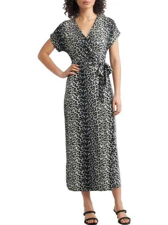 Loveappella Leopard Print Faux Wrap Midi Dress - Black/ Grey